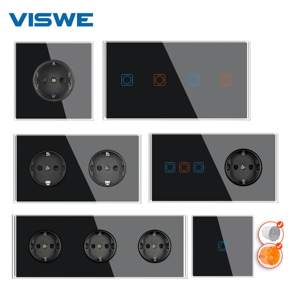 VISWE EU Standard Touch Switch and Socket 220V 16A Black Full Mirror ...