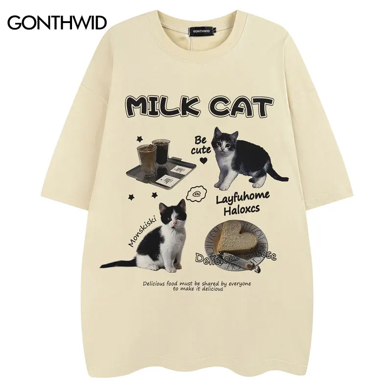 하라주쿠 남성 티셔츠 스트리트웨어 귀여운 우유 고양이 티셔츠 힙합 그래픽 프린트 티셔츠 캐주얼 루즈 코튼 티 탑 여름