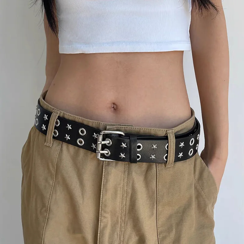 Y2K-Punk-Faux-Leather-Belt-For-Women-Men-Double-Star-Holes-Waist-Strap ...