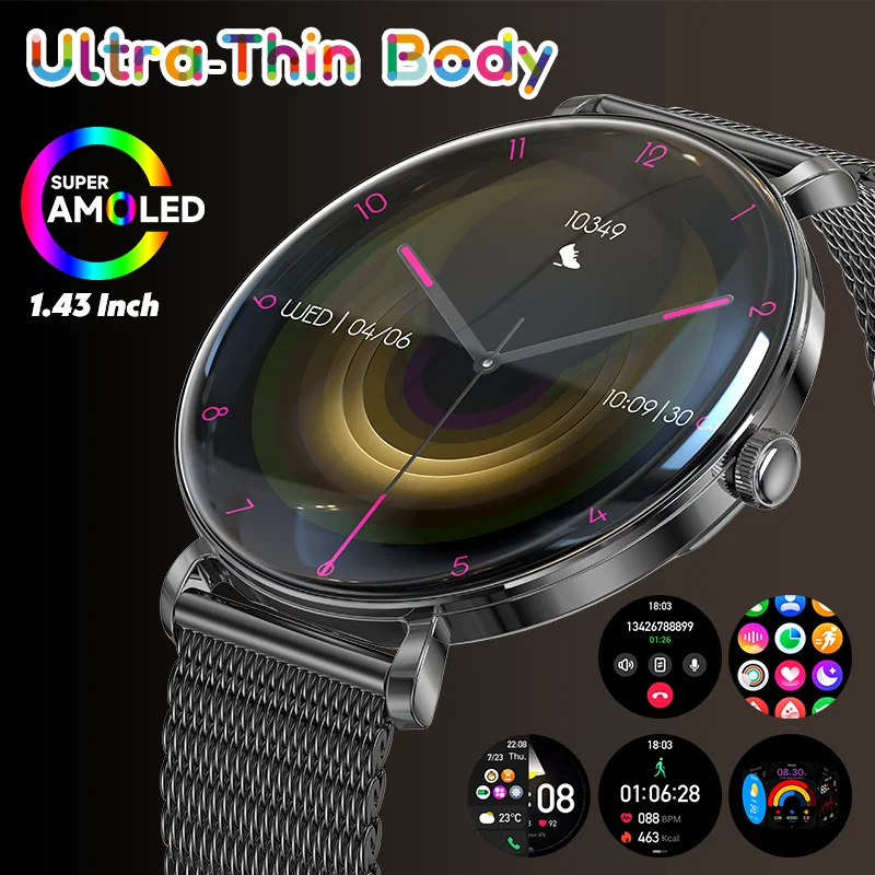 LIGE New Ultra Thin Smart Watch 1.43" AMOLED 466*466 HD Display Always ...