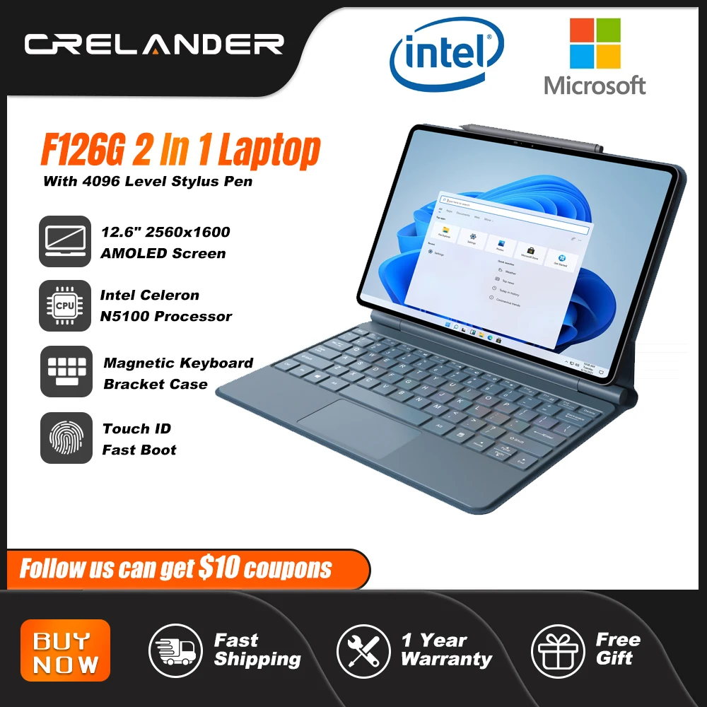 CRELANDER 2 in 1 Notebook 12.6 Inch OLED Intel Celeron N5100 DDR4 8GB RAM Windows 11 Tablet Pc ...