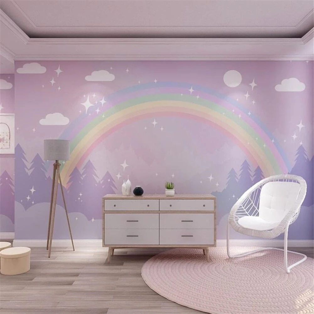custom-mural-wallpaper-for-Children-s-room-purple-cloud-rainbow-wall ...