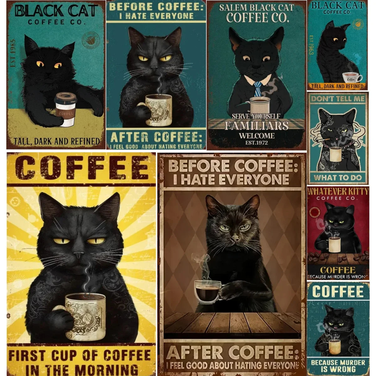 Fun Coffee Bar Sign Retro Cat Wall Art Decoration Black Cat Cafe Home ...