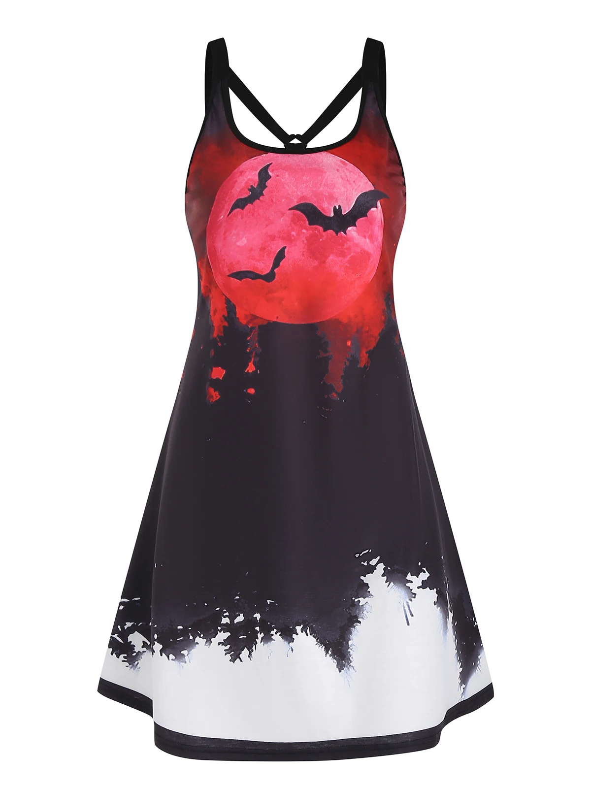 Dressfo Gothic Bat Blood Moon Night Print Mini Dress Sleeveless Open ...