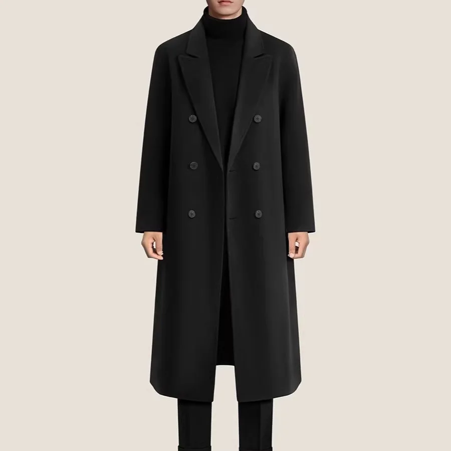 Men's Long Overcoat Thickened Woolen Coat Double Row Buttons Loose ...