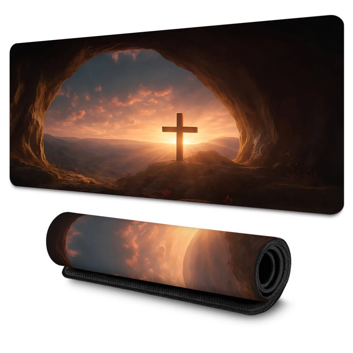 Cross Mouse Pad, Large Cave Dawn Landscape Desk Mat, Religious PC ...