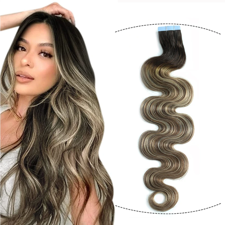 T2 6/60 Body Wave Remy Tape In Human Hair Extensions Balayage Dark ...