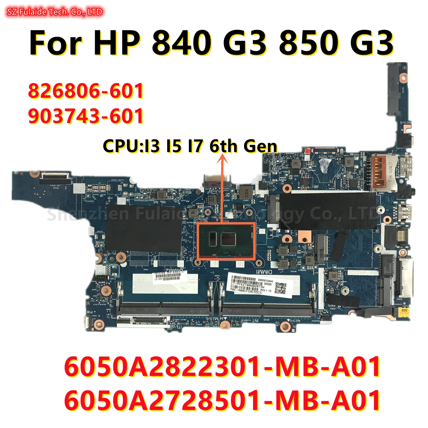 For Hp 840 G3 850 G3 Laptop Motherboard Core I3 I5 I7 6th Gen Cpu 6050a2822301-mb-a01 ...
