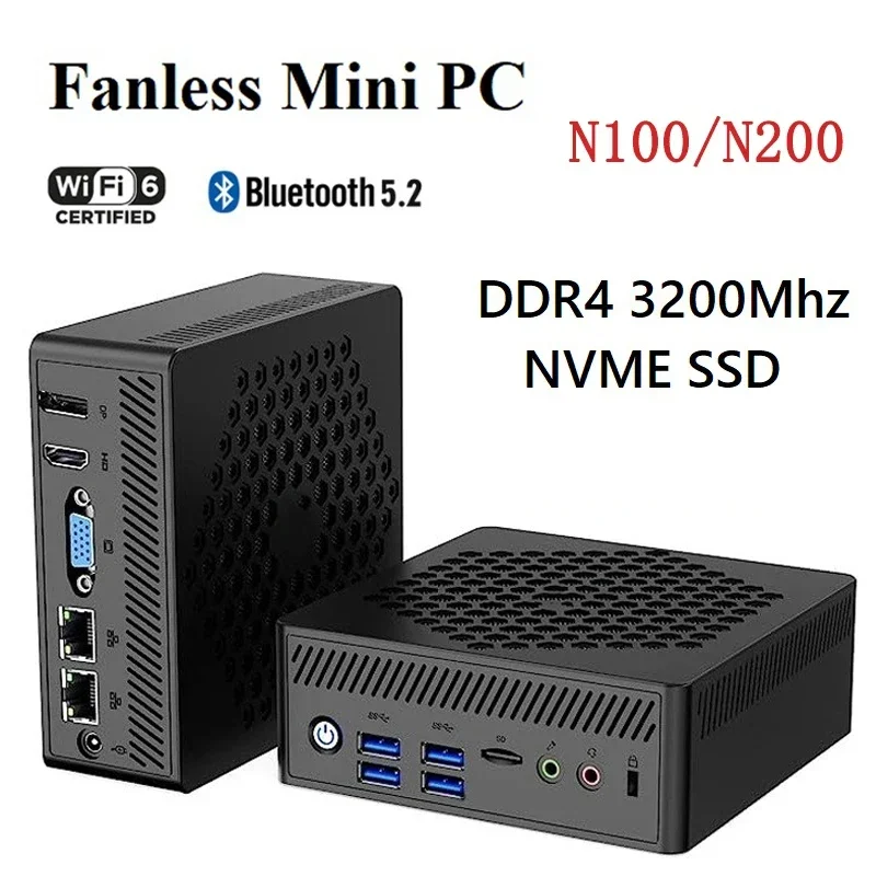 Fanless Mini PC N200 Mini PC Alder Lake N100 Mini Computer Windows 11 Pro DDR4 16GB RAM 256GB ...
