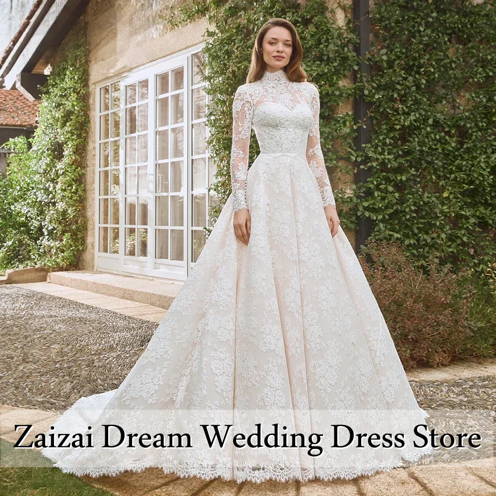 Customized Exquisite Royai Train Robe High Neck Long Sleeves Wedding ...