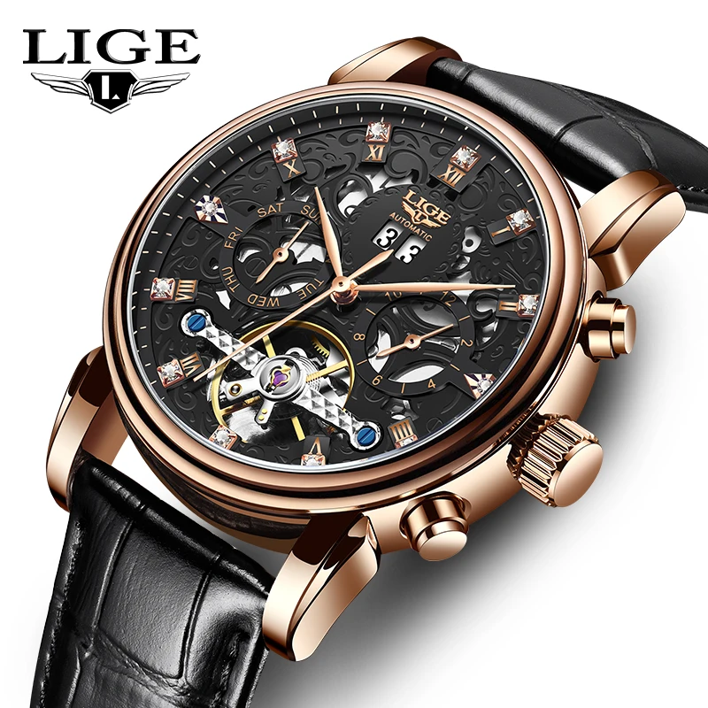 LIGE Brand Luxury Fashion Tourbillon Man Watch Business Leather ...