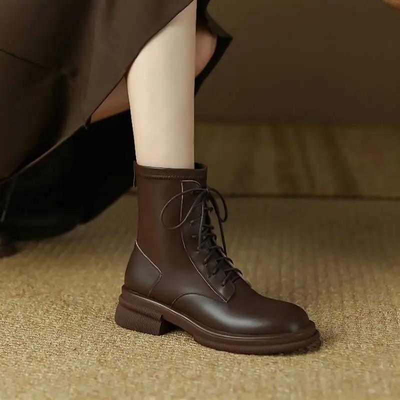 Tophqws Vintage Genuine Leather Ankle Boots For Women Winter Designer ...