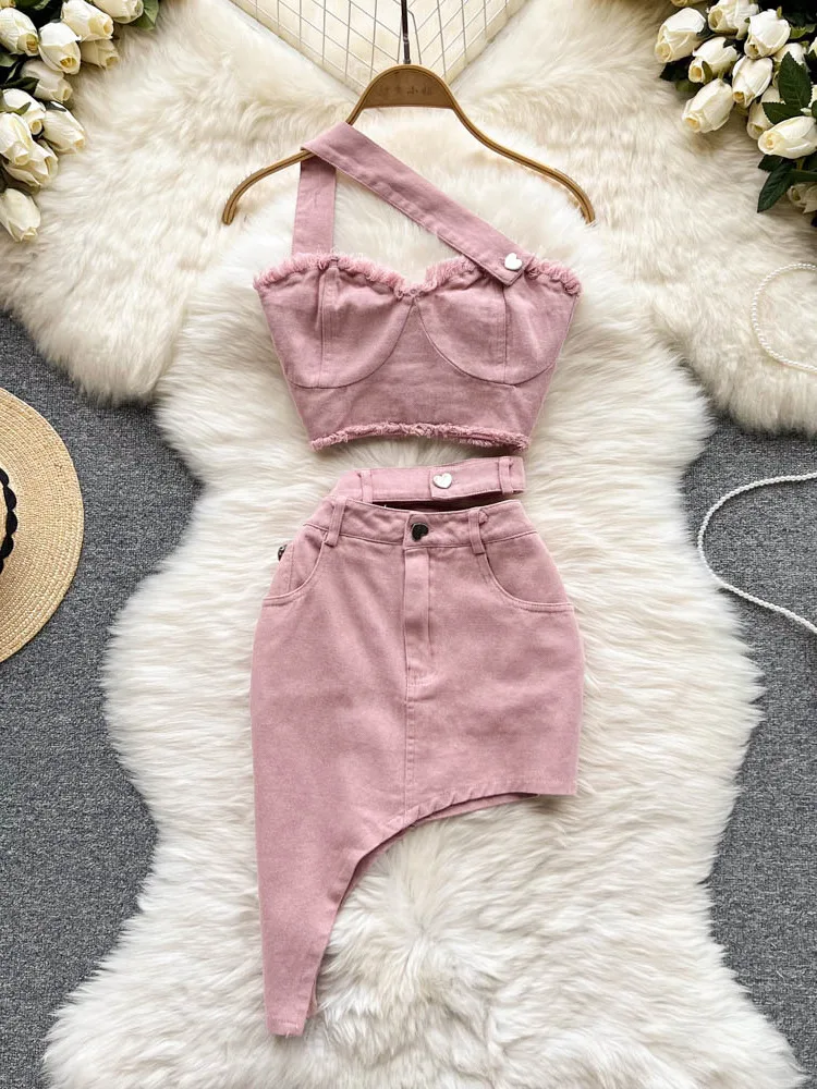 Summer-Pink-Denim-Sexy-Women-Sets-Elegant-Zipper-Suspenders-Tops-Sashes ...