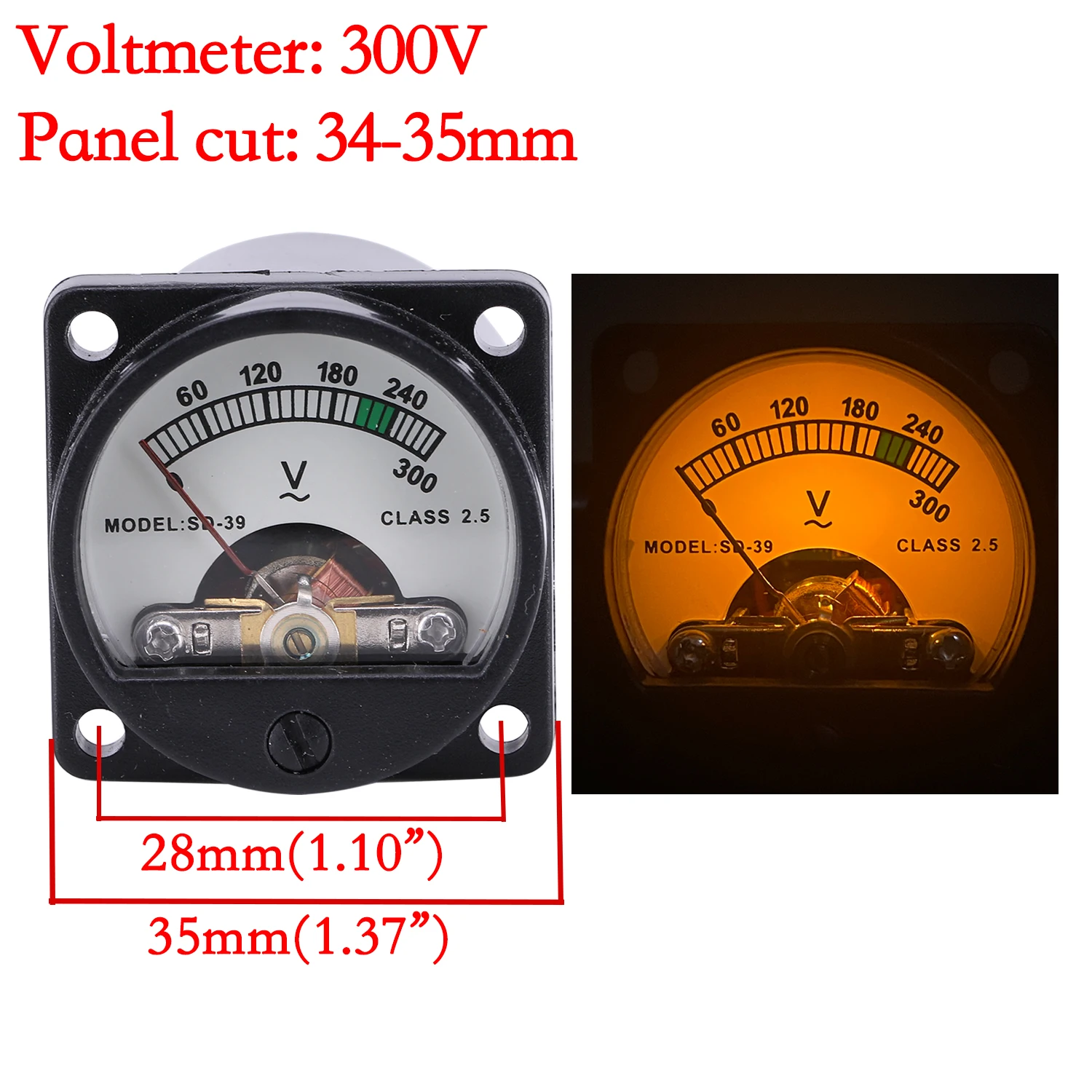 1PC 34-35mm Voltmeter AC 300V Analog Current Meter Panel Pointer Type ...