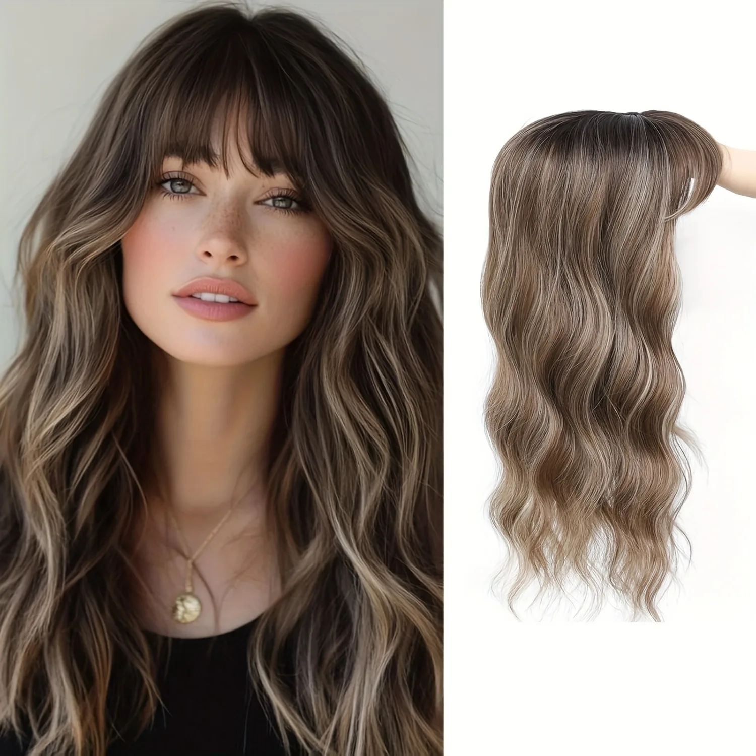 22" Long Curly Wavy Topper Wig with Bangs - Gradient Brown to Blonde ...