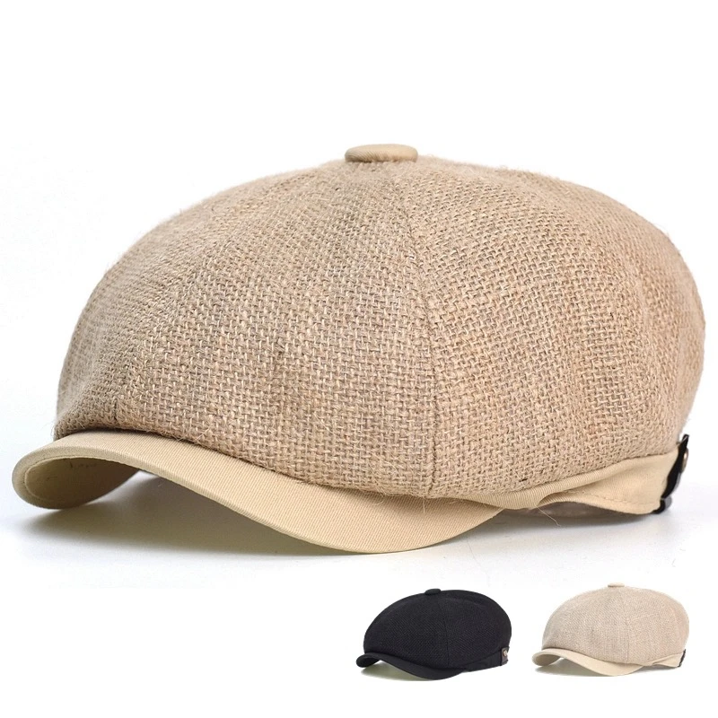 Natural-Jute-Linen-Berets-Hats-for-Men-Summer-Breathable-Newsboy-Caps ...