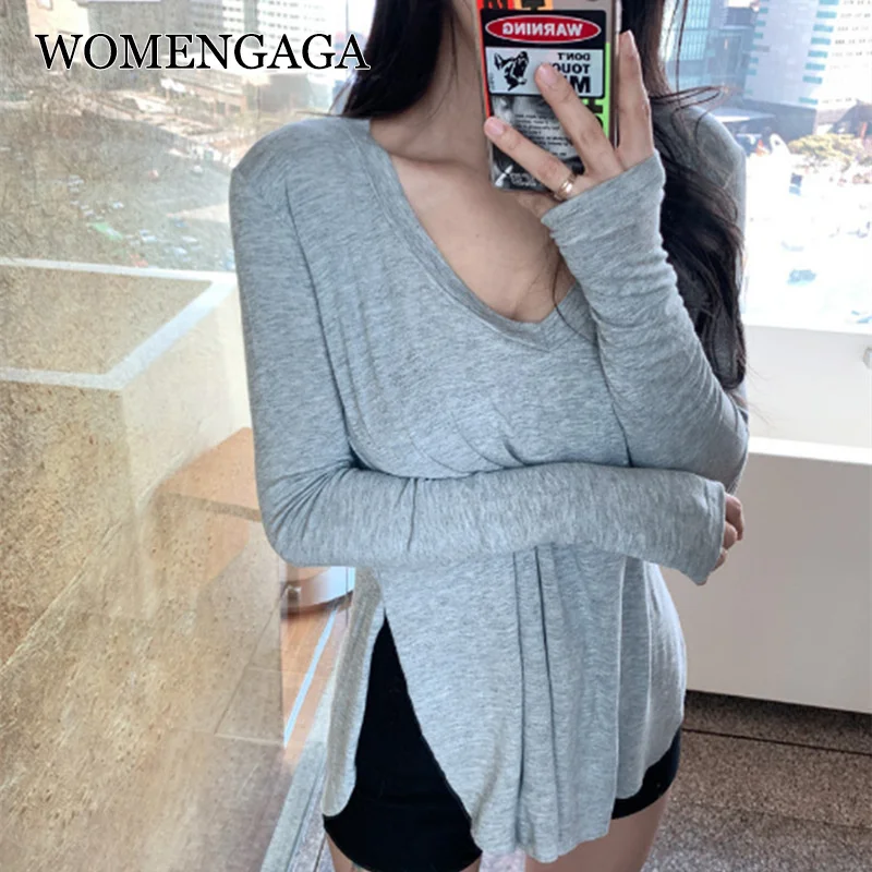 WOMENGAGA-Korea-2023-Autumn-Summer-New-Split-V-Neck-Sexy-Loose-Solid-Color-Long-Sleeve-T.jpg