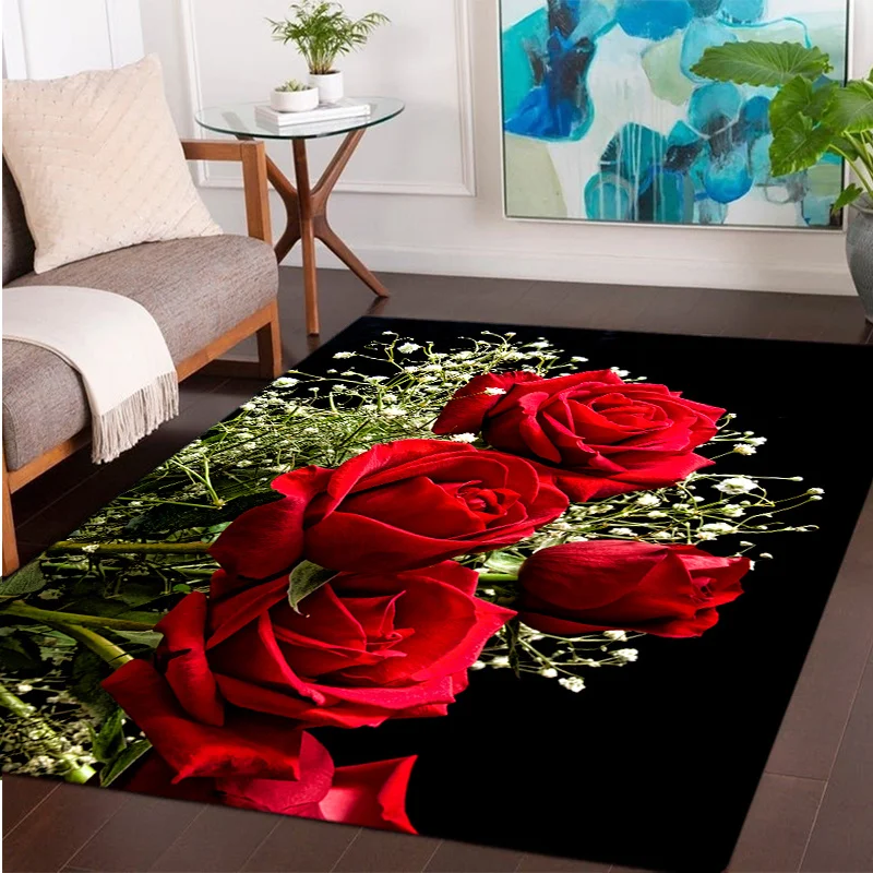 1pc Elegant Red Rose Pattern Rug - Crystal Velvet Non-Slip Carpet ...