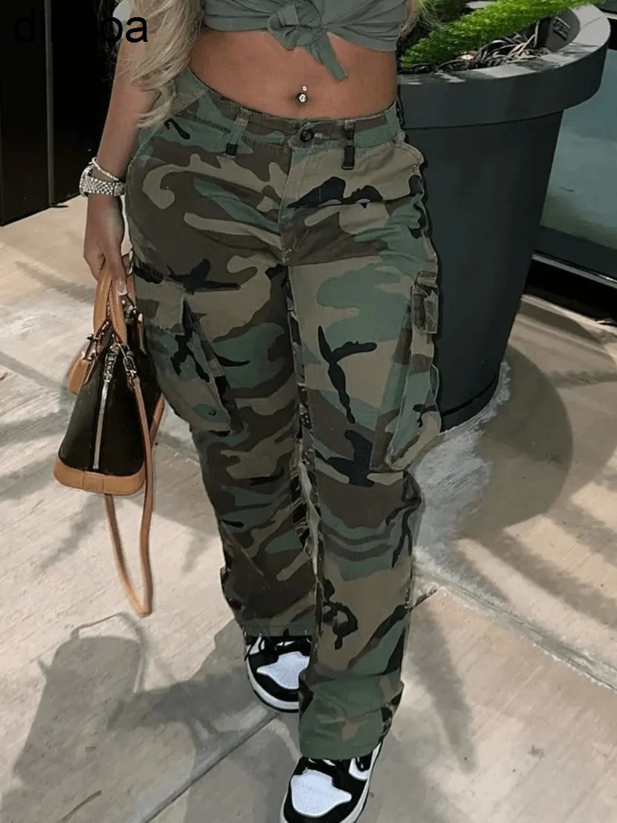 Camo Print Side Pocket Cargo Camouflage Pants Low waist Zipper Fly Full ...