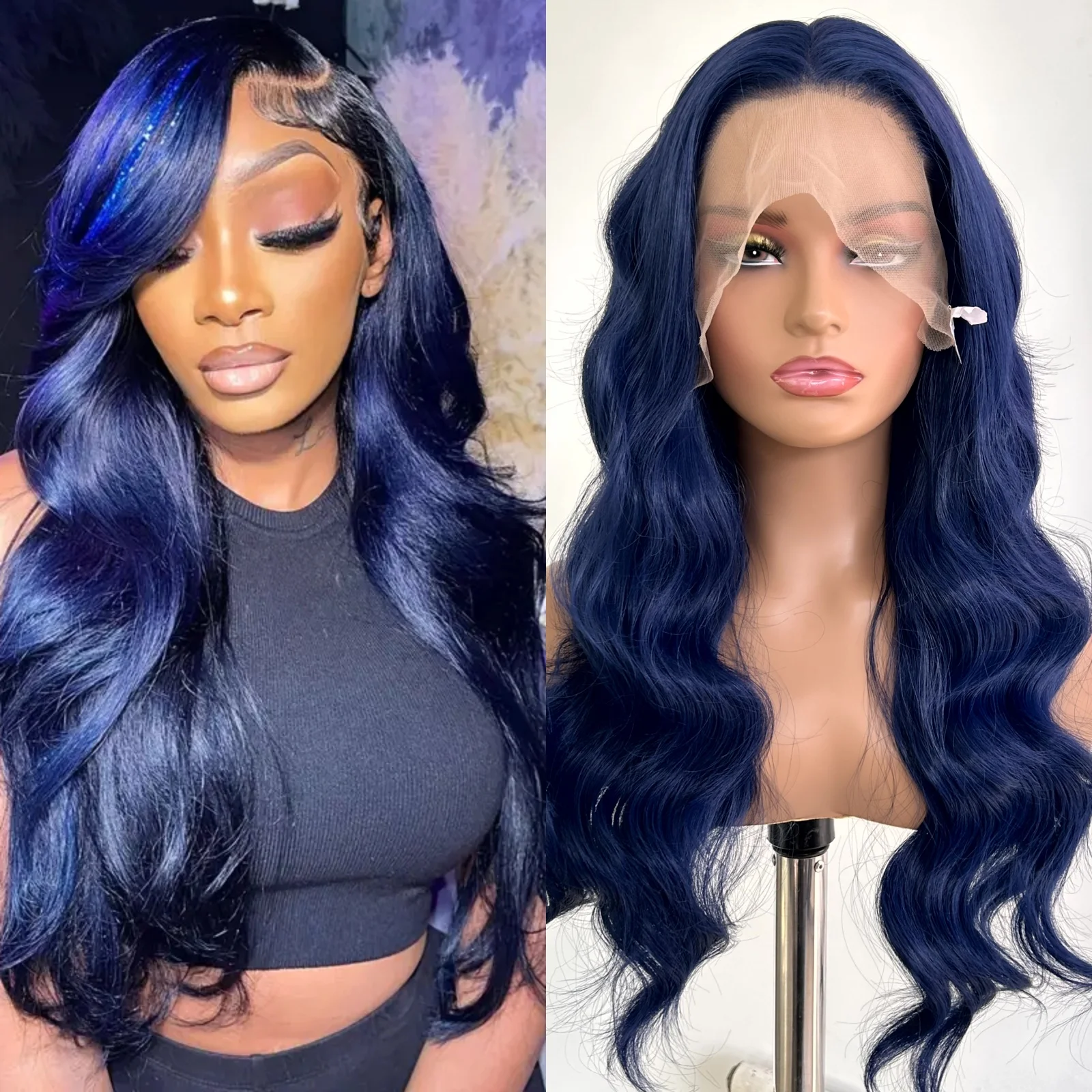 Dark Blue Wig Body Wave Synthetic Lace Front Wig Middle Part Long Wavy ...