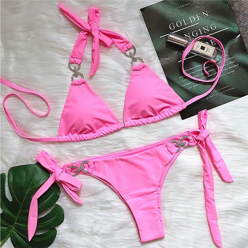 Pink Sexy Bikinis 2024 Women Solid Color Swimwear Female Swimsuit Swim