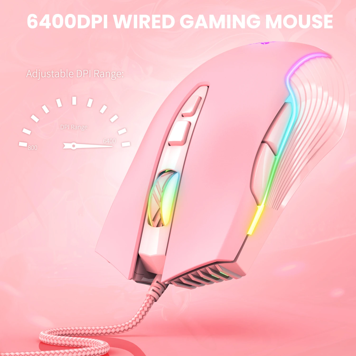 ONIKUMA CW905 Pink Wired Gaming Mouse 7 Programmable Buttons 6 Levels ...