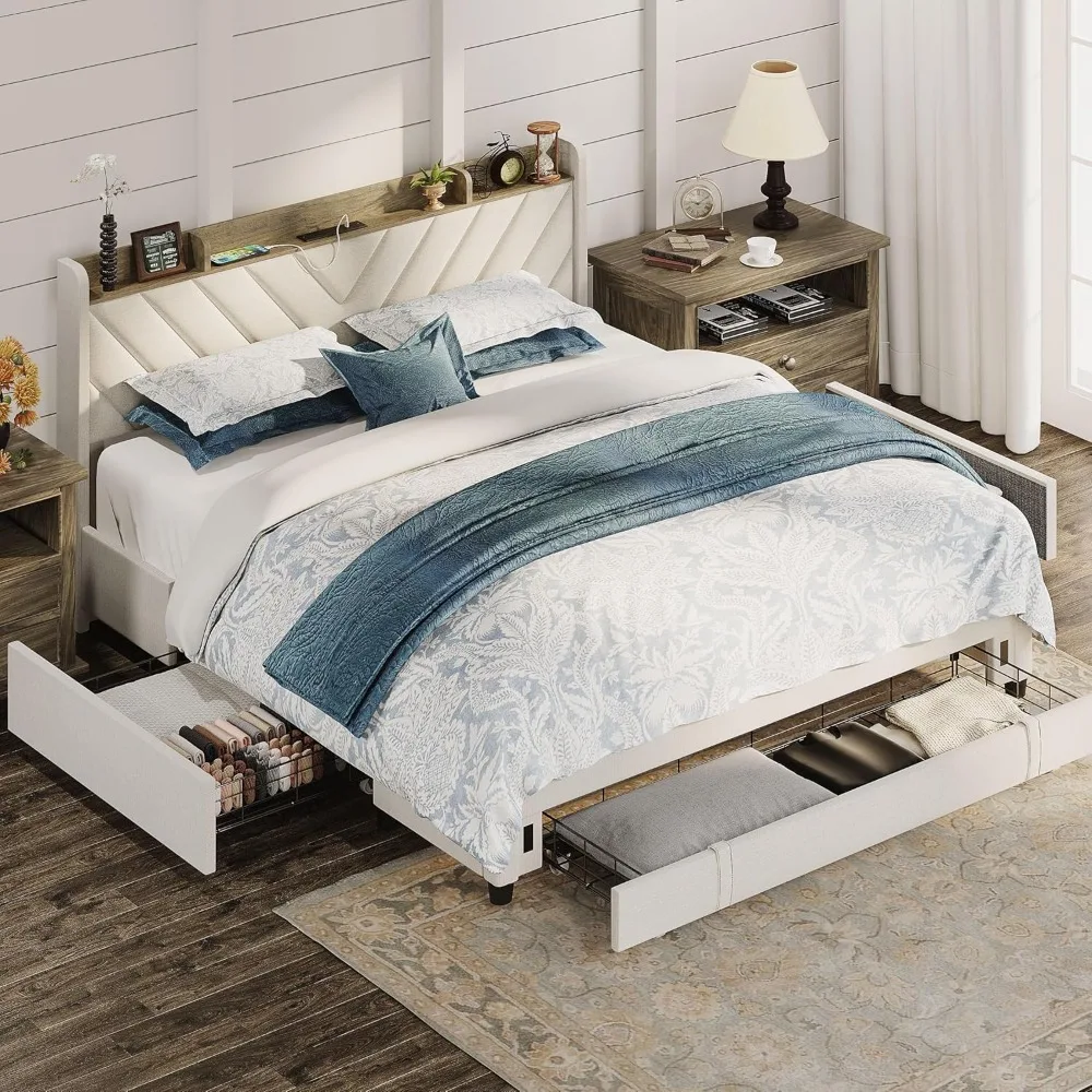 Bed-Frame-with-Headboard-Upholstered-Platform-Bedframe-with-3-Underbed ...