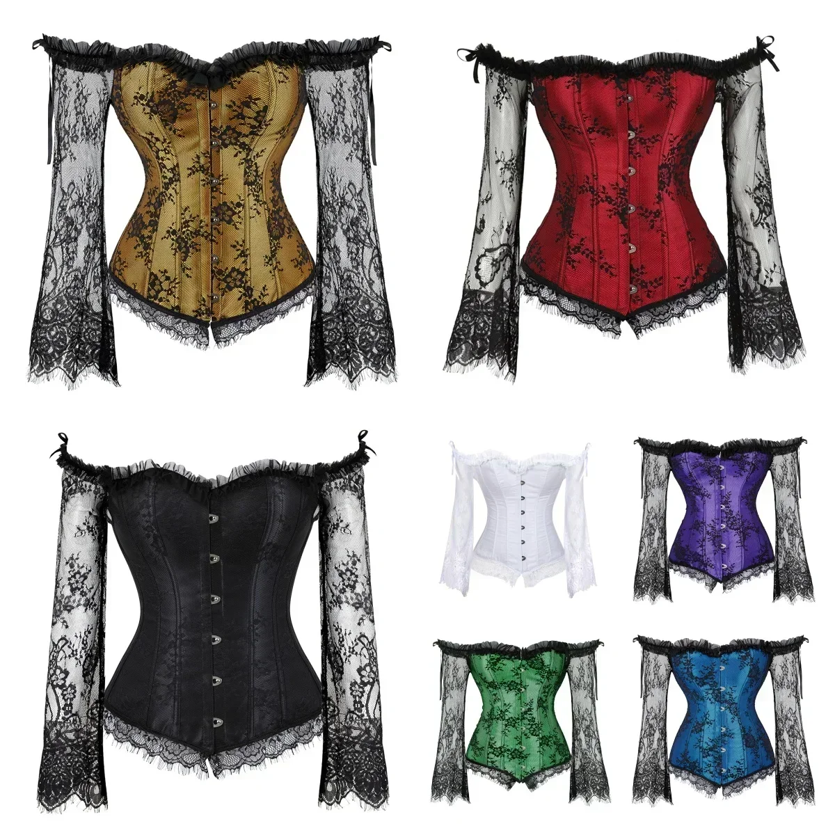 Lace Long Sleeves Waist Bustier Top Women's Gothic Victorian Overbust ...