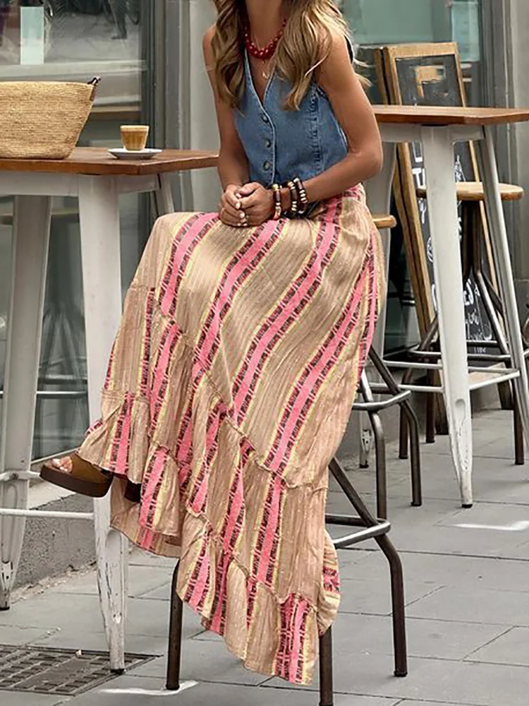 Elegant-Summer-Holiday-Colorful-Skirts-Women-Patchwork-Ruffles-Casual ...