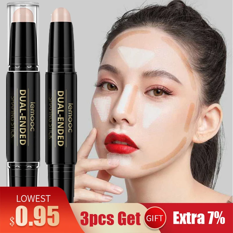 Lemooc 더블 헤드 하이 라이터 얼굴 컨투어링 브론저 컨실러 하이 라이터 펜 3d 메이크업 교정기 컨실러 컨투어 스틱