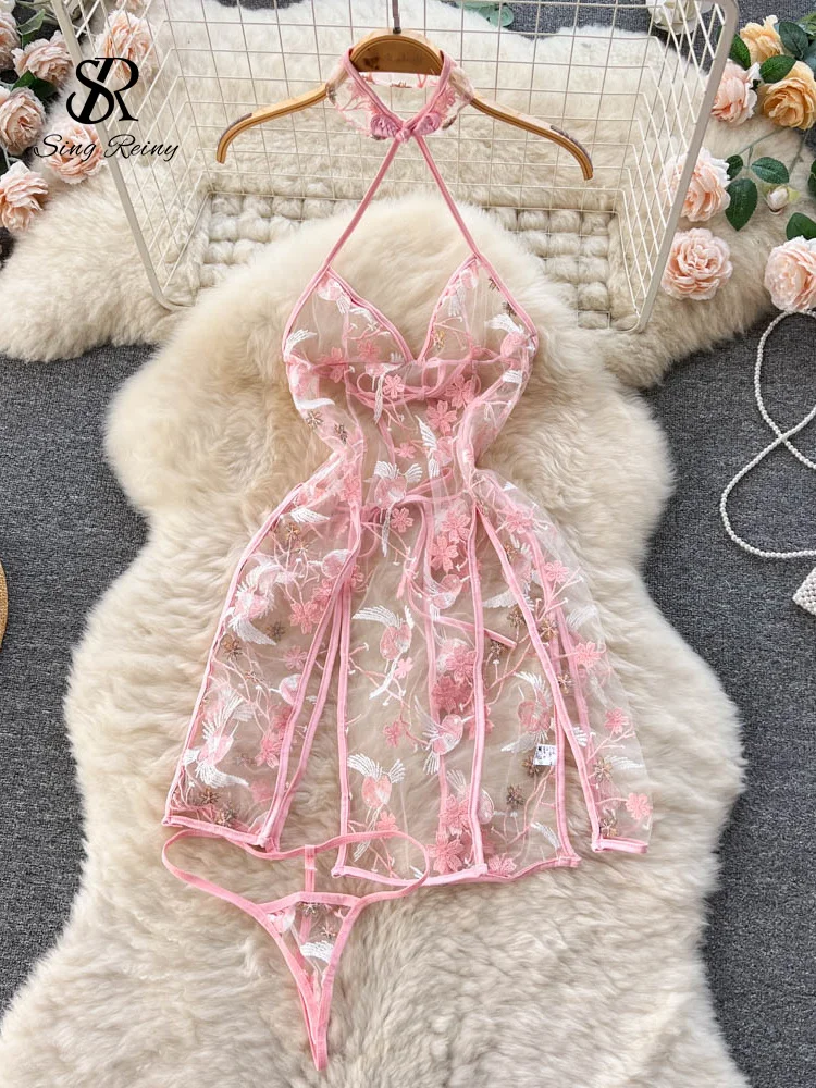 SINGREINY Sheer Erotic Lace Pajamas Women Embroidery Lace-up Skinny ...