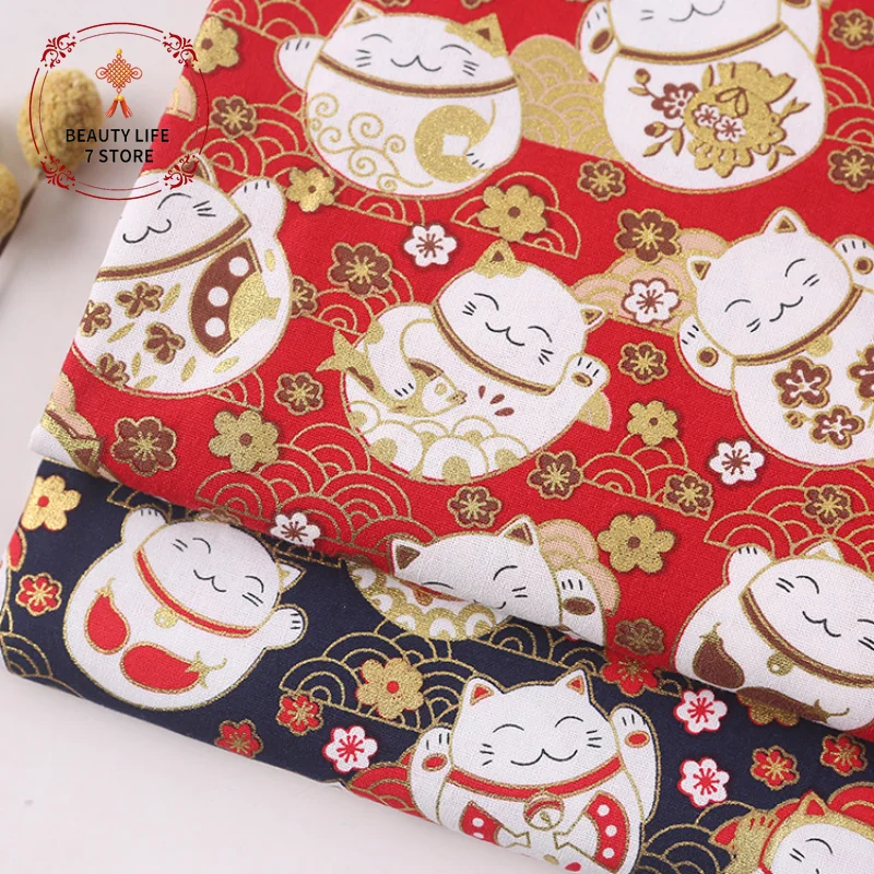 100-Cotton-Printed-Lucky-Cat-Cloth-Maneki-Neko-Japanese-Style-Bronzed ...