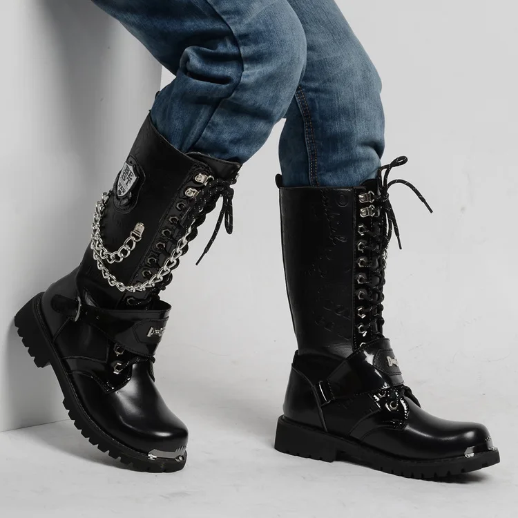 Men Fashion Motorcycle Boots Mid-calf Boots Gothic Belt Punk Boots Men ...