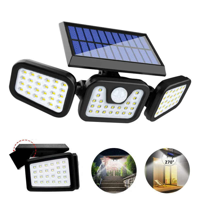 74-LEDs-3-Head-Motion-Sensor-Solar-LED-Light-Outdoor-3-Modes-Waterproof ...