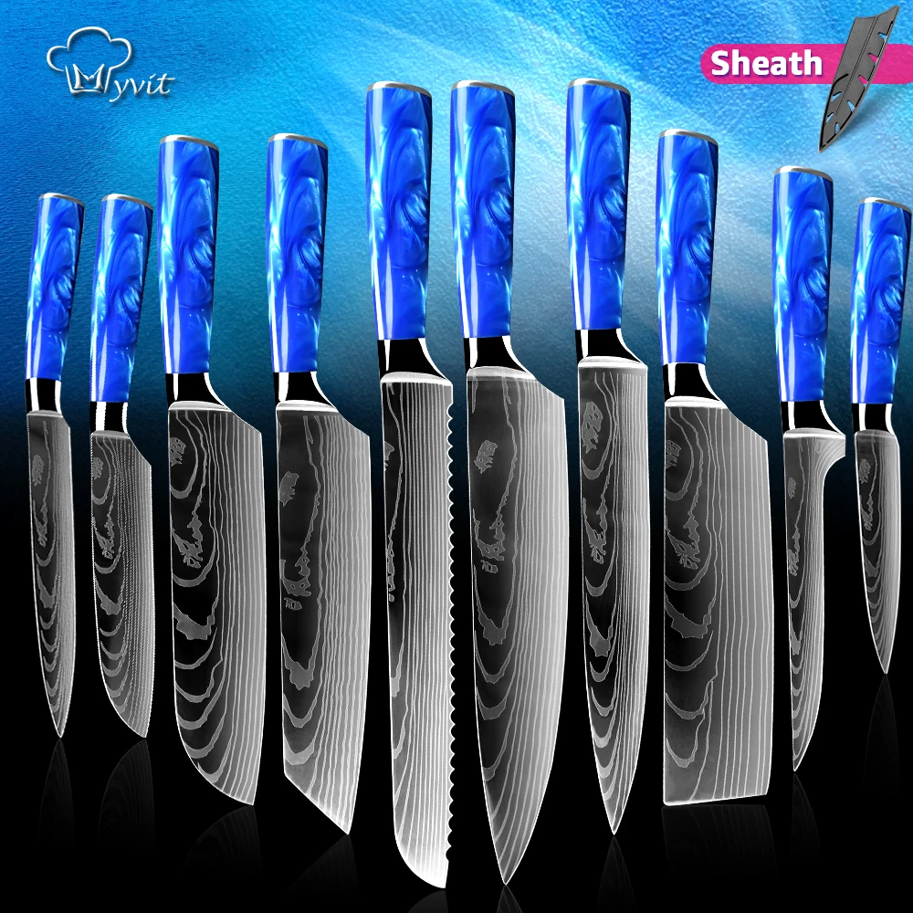 Kitchen Knives Set 1-10pcs Japanese Chef knife Blue Resin Handle 7CR17 ...