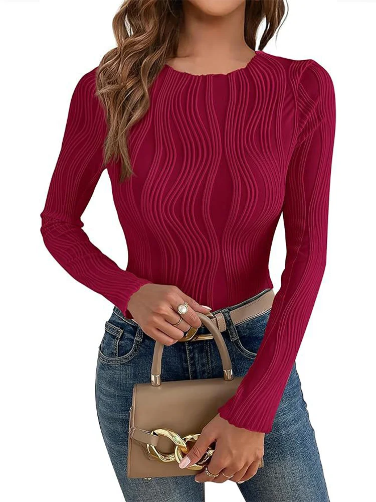 Women's Textured Solid Color T-Shirt O-Neck Long Sleeved Pullover ...