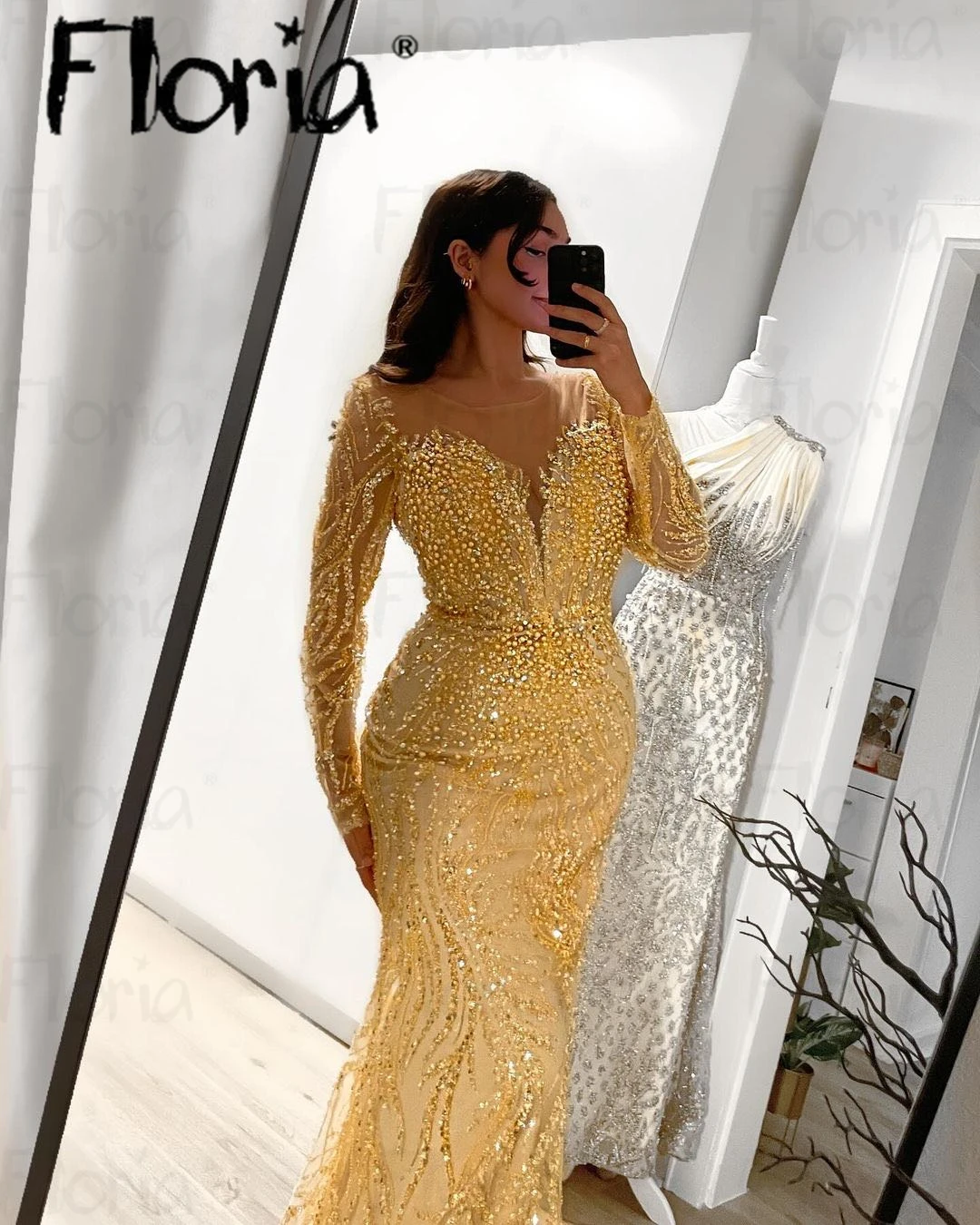 Floria-Robe-de-soir-e-manches-longues-paillettes-dor-es-perles ...
