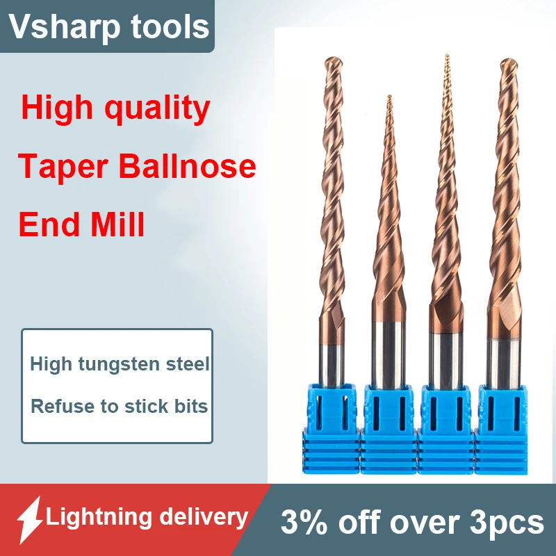 TISIN-revestido Tungsten Carbide End Mill, 2 flautas, Taper, Ball Nose ...