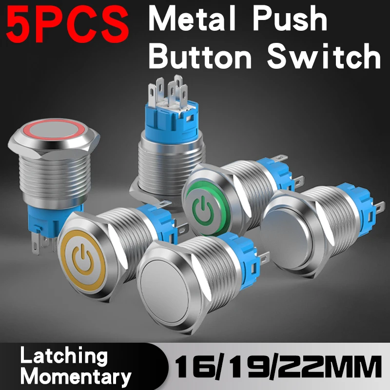 5PCS-Metal-Button-Switch-16-19-22MM-Stainless-Steel-Flat-Head-With-Led ...
