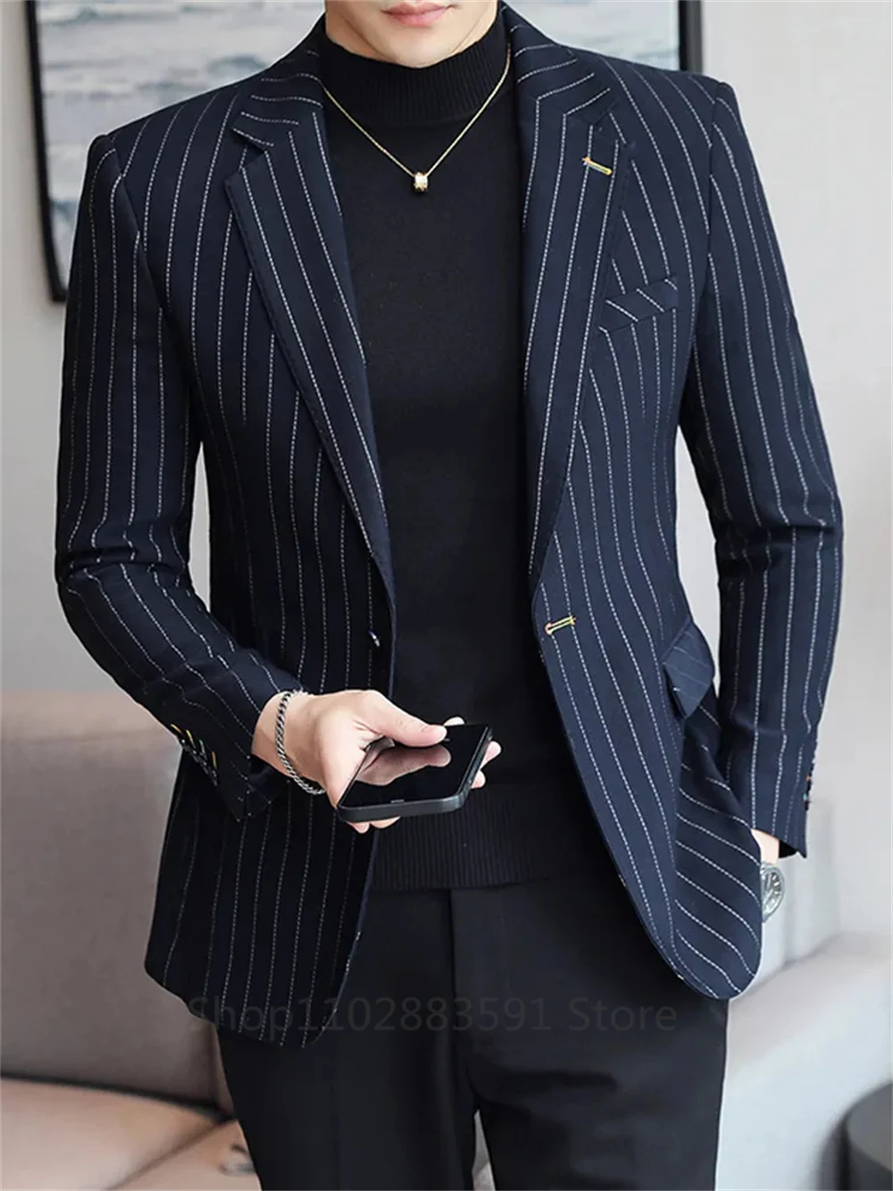 New Men's Suit Jacket Slim Striped Single-breasted Suit Business Casual ...