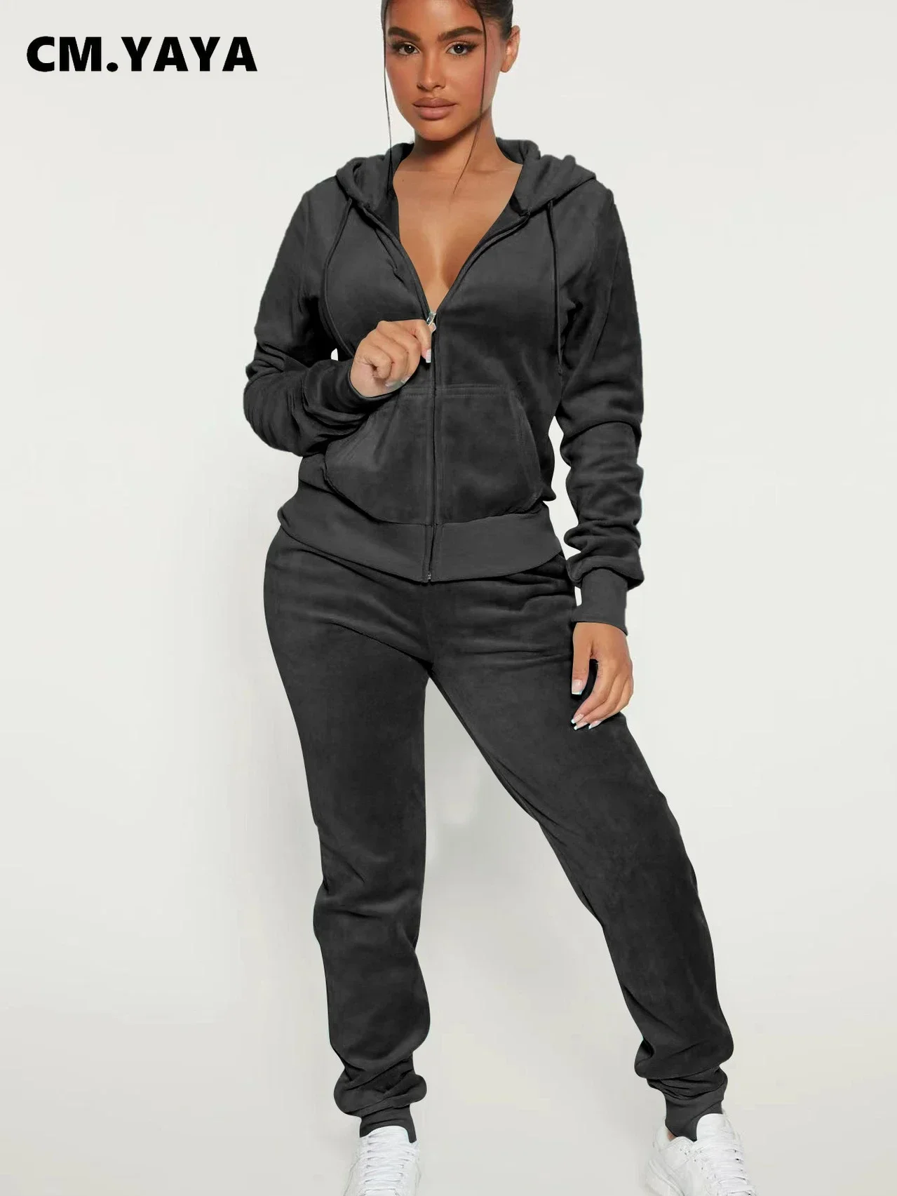CM.YAYA Fashion Velvet Women's Set Long Sleeve Hooded Sweatshirt and ...