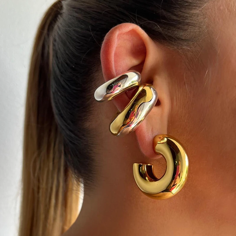Punk Gold Plated Stainless Steel Chunky Ear Cuff Clip Earrings for ...
