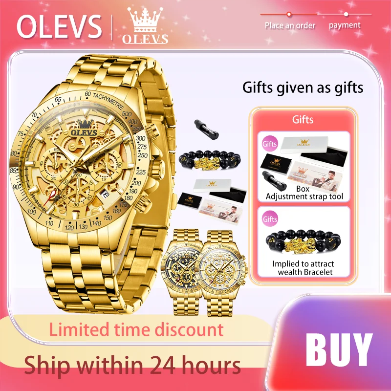 OLEVS-Original-Brand-Quartz-Watch-for-Men-Gold-Gear-Dial-Men-s-Watches ...