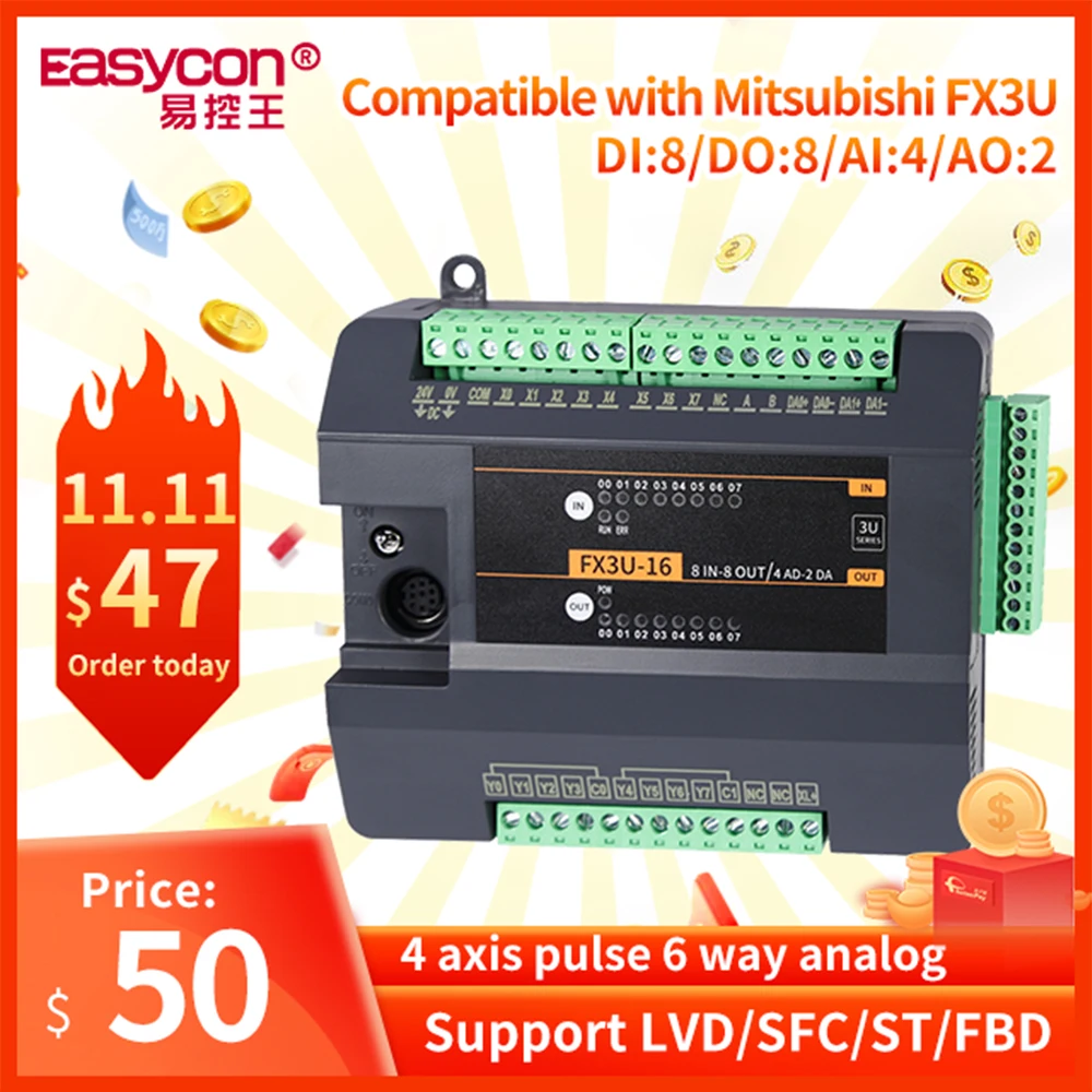 Easycon 8 디 8 DO 4AI 2AO FX3U 16MR/MT PLC 프로그래밍 가능 로직 컨트롤러 FX3U CNC 절단 ...