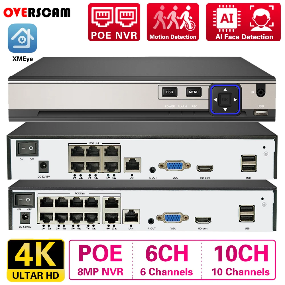 Overscam H.265 10CH 4MP 5MP 1080P 4K POE NVR 오디오 출력 보안 감시 네트워크 비디오 레코더 ...