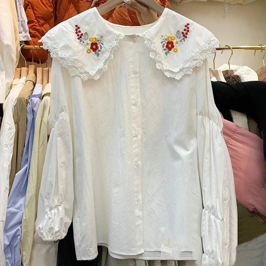 Colarinho-Peter-Pan-Bordado-Camisas-De-Algod-o-De-Renda-Mulheres-Tops-e ...