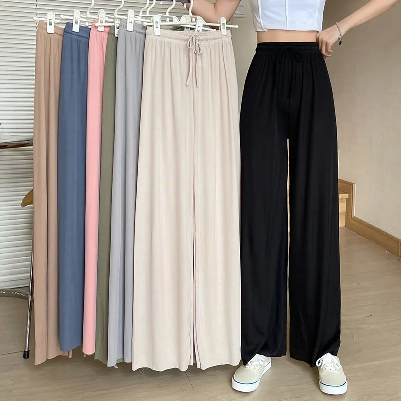 Pantalones de pierna ancha de seda de hielo para mujer, pantalones ...