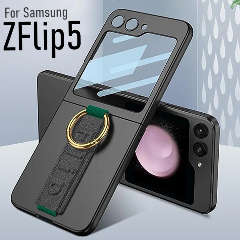 Flip5 Case For Samsung Galaxy Z Flip 5 ZFlip 5 5G Wristband Cover with Finger Ring Tempered ...