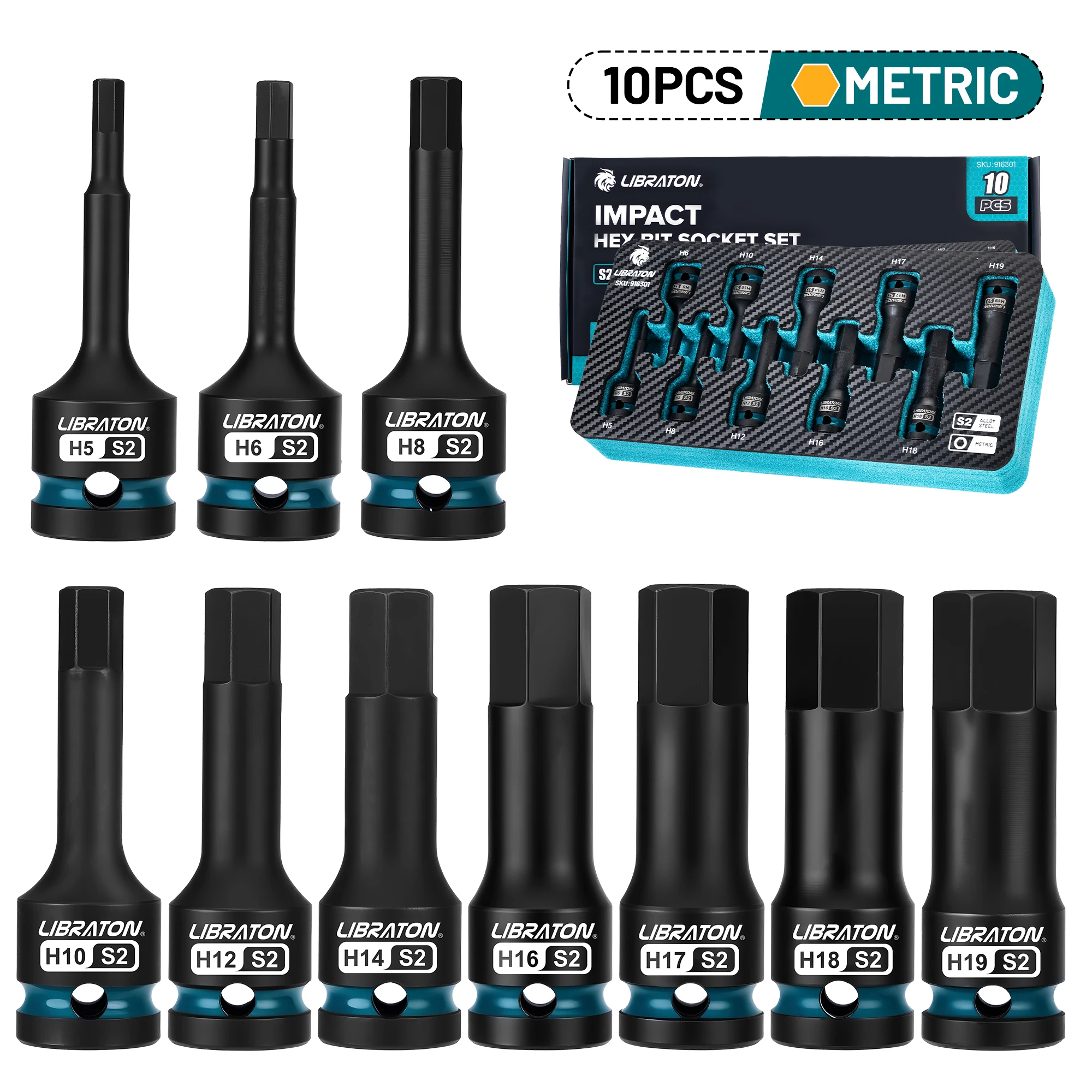 LIBRATON 1/2" Drive Impact Hex Bit Socket Set 10PCS Metric High Torque ...