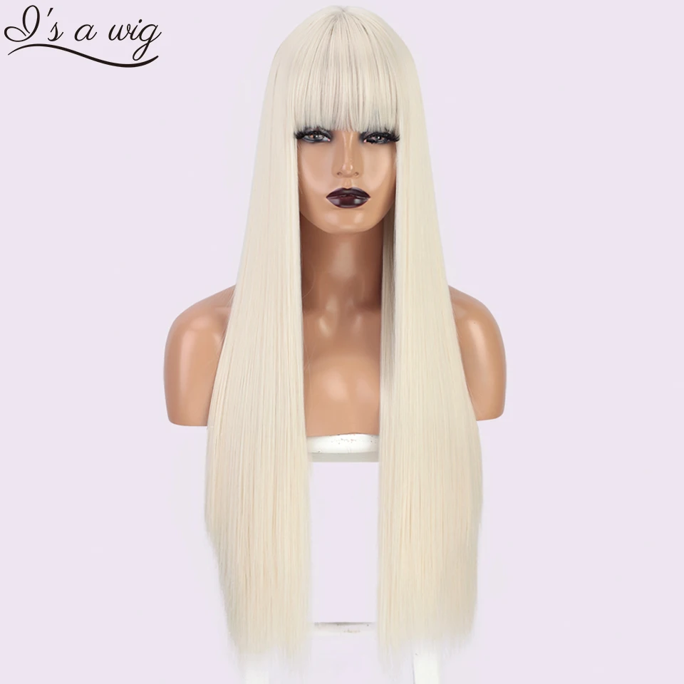 Eu é uma peruca longa reta sintética 60 peruca branca com franja para ...
